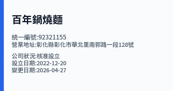 百年鍋燒麵的照片-統編 92321155(彰化縣) 公司登記資料與營業項目詳細圖表