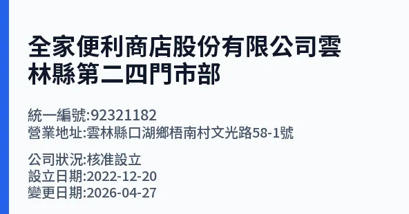 全家便利商店股份有限公司雲林縣第二四門市部的照片-統編 92321182(雲林縣) 公司登記資料與營業項目詳細圖表