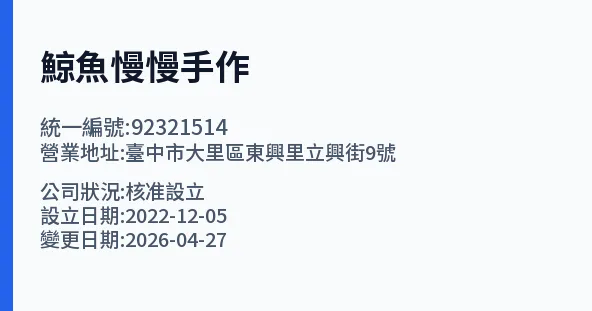 鯨魚慢慢手作的照片-統編 92321514(臺中市) 公司登記資料與營業項目詳細圖表