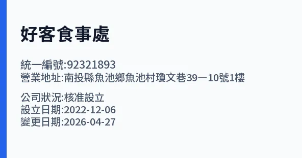 好客食事處的照片-統編 92321893(南投縣) 公司登記資料與營業項目詳細圖表