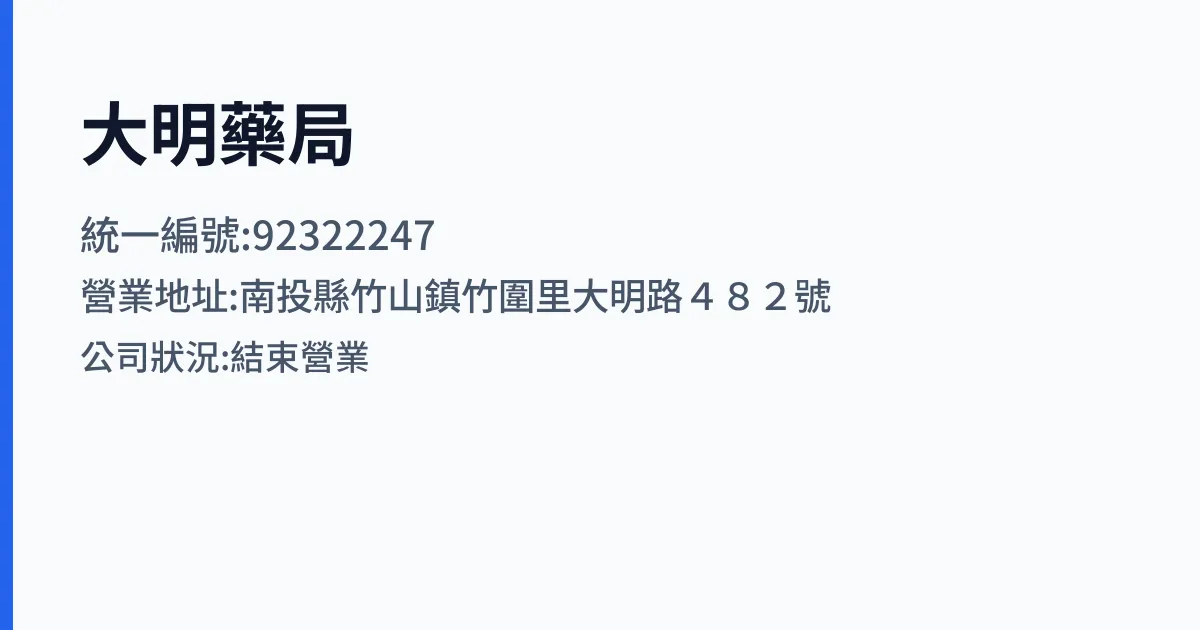 大明藥局 - 統編 92322247(南投縣) 公司登記資料與營業項目詳細圖表