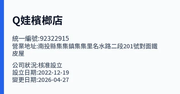 Q娃檳榔店的照片-統編 92322915(南投縣) 公司登記資料與營業項目詳細圖表