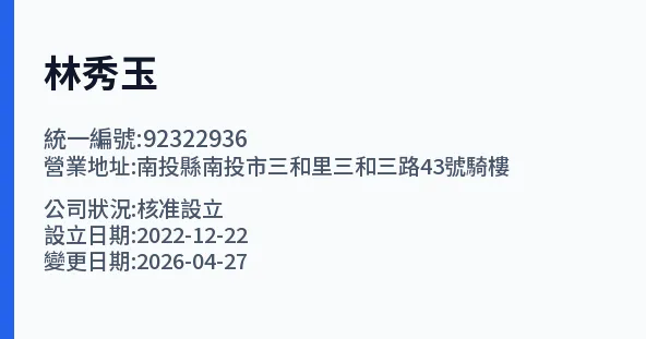 林秀玉的照片-統編 92322936(南投縣) 公司登記資料與營業項目詳細圖表