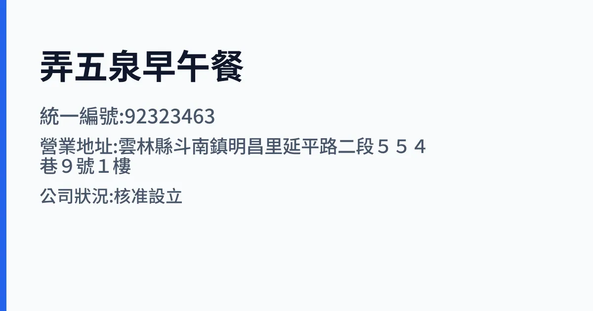 弄五泉早午餐 - 統編 92323463(雲林縣) 公司登記資料與營業項目詳細圖表