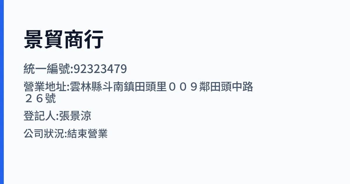 景貿商行 - 統編 92323479(雲林縣) 公司登記資料與營業項目詳細圖表