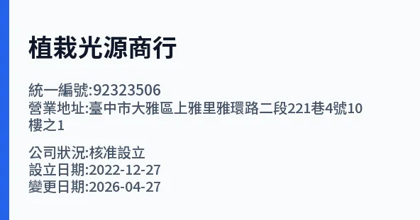 植栽光源商行的照片-統編 92323506(臺中市) 公司登記資料與營業項目詳細圖表