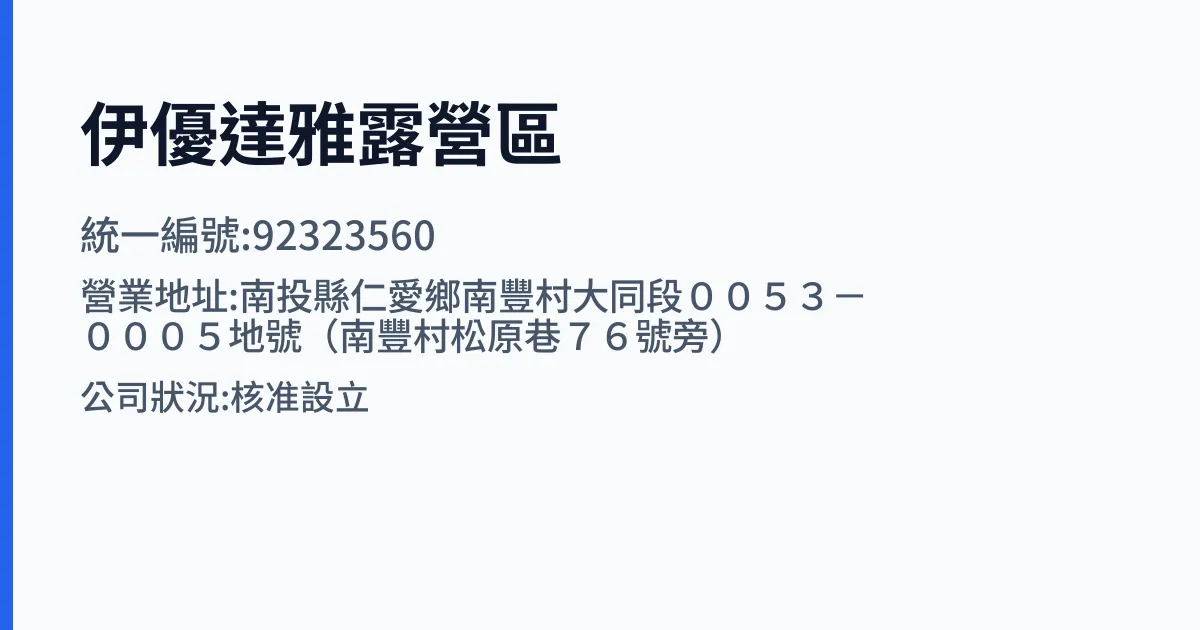 伊優達雅露營區 - 統編 92323560(南投縣) 公司登記資料與營業項目詳細圖表