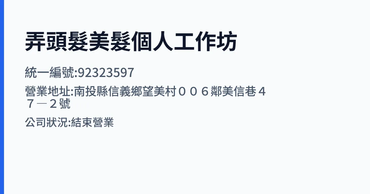 弄頭髮美髮個人工作坊 - 統編 92323597(南投縣) 公司登記資料與營業項目詳細圖表