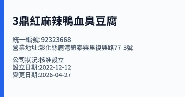 3鼎紅麻辣鴨血臭豆腐的照片-統編 92323668(彰化縣) 公司登記資料與營業項目詳細圖表
