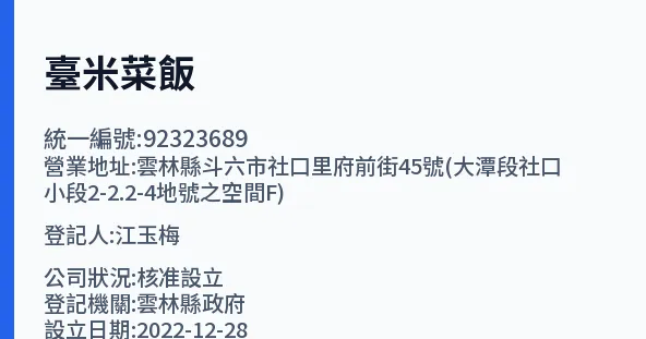 臺米菜飯的照片-統編 92323689(雲林縣) 公司登記資料與營業項目詳細圖表