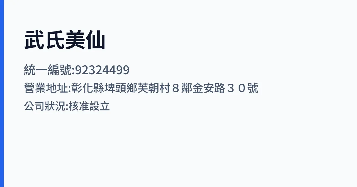 武氏美仙 - 統編 92324499(彰化縣) 公司登記資料與營業項目詳細圖表