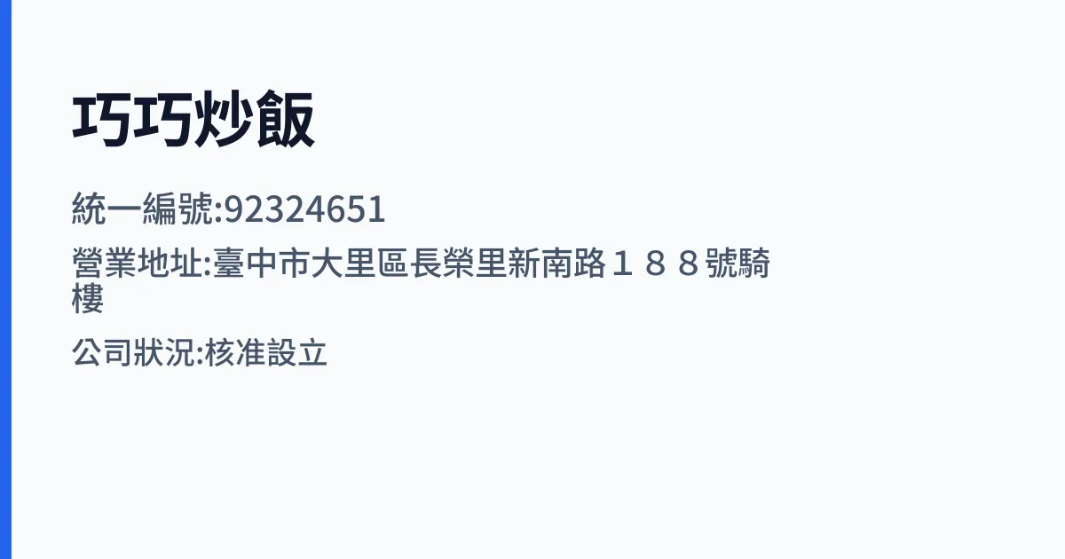 巧巧炒飯 - 統編 92324651(臺中市) 公司登記資料與營業項目詳細圖表