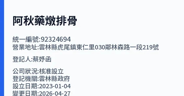 阿秋藥燉排骨的照片-統編 92324694(雲林縣) 公司登記資料與營業項目詳細圖表