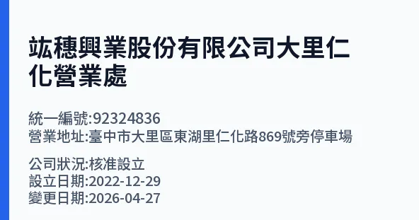 竑穗興業股份有限公司大里仁化營業處的照片-統編 92324836(臺中市) 公司登記資料與營業項目詳細圖表