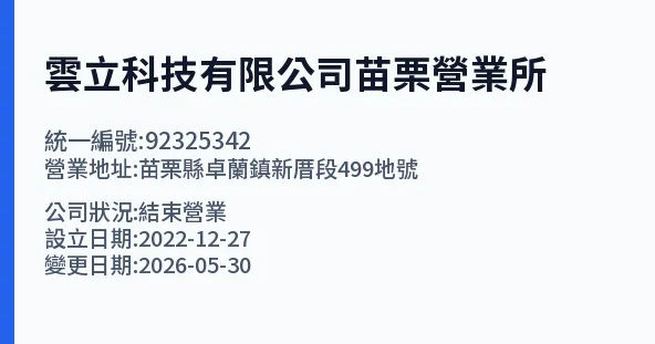 雲立科技有限公司苗栗營業所的照片-統編 92325342(苗栗縣) 公司登記資料與營業項目詳細圖表