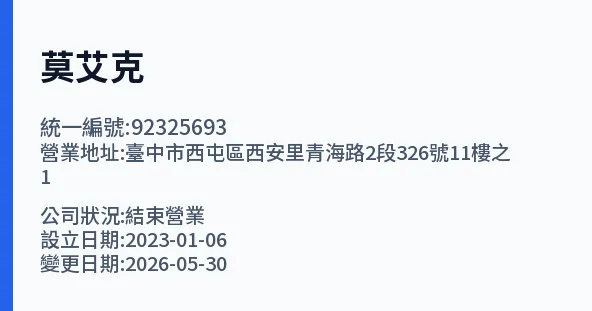 莫艾克的照片-統編 92325693(臺中市) 公司登記資料與營業項目詳細圖表