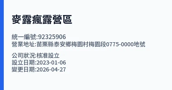 麥露瘋露營區的照片-統編 92325906(苗栗縣) 公司登記資料與營業項目詳細圖表