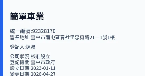 簡單車業的照片-統編 92328170(臺中市) 公司登記資料與營業項目詳細圖表