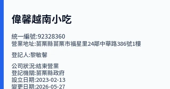 偉馨越南小吃的照片-統編 92328360(苗栗縣) 公司登記資料與營業項目詳細圖表