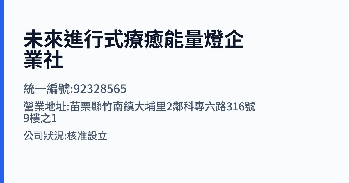 未來進行式療癒能量燈企業社 - 統編 92328565(桃園市) 公司登記資料與營業項目詳細圖表