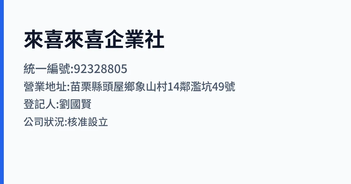 來喜來喜企業社 - 統編 92328805(苗栗縣) 公司登記資料與營業項目詳細圖表