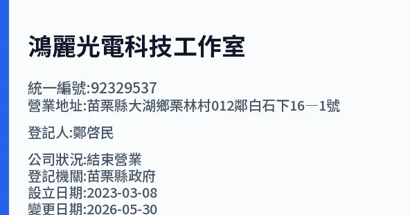 鴻麗光電科技工作室的照片-統編 92329537(苗栗縣) 公司登記資料與營業項目詳細圖表