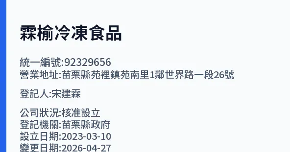 霖榆冷凍食品的照片-統編 92329656(苗栗縣) 公司登記資料與營業項目詳細圖表