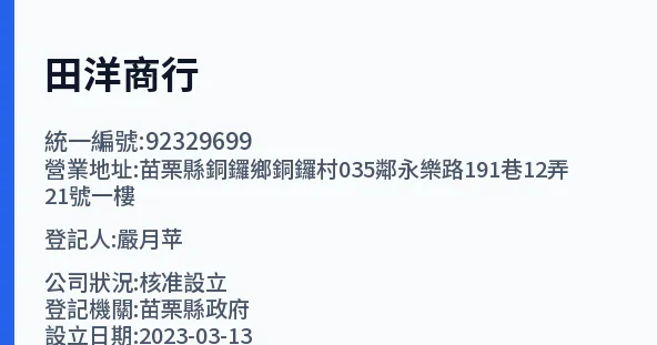 田洋商行的照片-統編 92329699(苗栗縣) 公司登記資料與營業項目詳細圖表