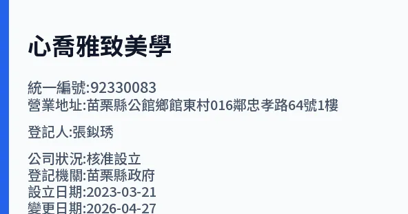 心喬雅致美學的照片-統編 92330083(苗栗縣) 公司登記資料與營業項目詳細圖表