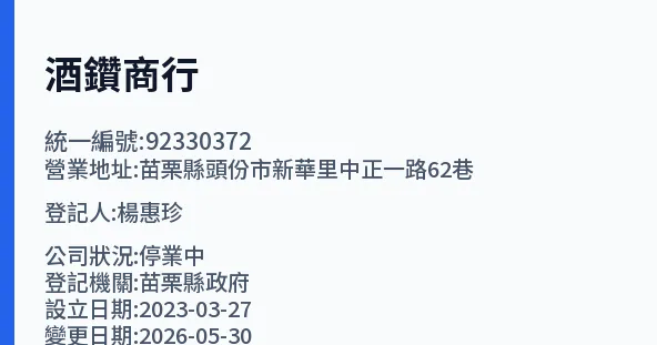 酒鑽商行的照片-統編 92330372(苗栗縣) 公司登記資料與營業項目詳細圖表