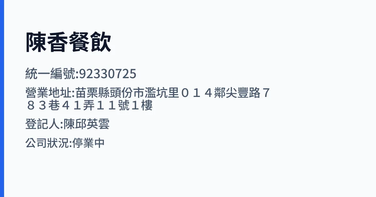 陳香餐飲 - 統編 92330725(苗栗縣) 公司登記資料與營業項目詳細圖表
