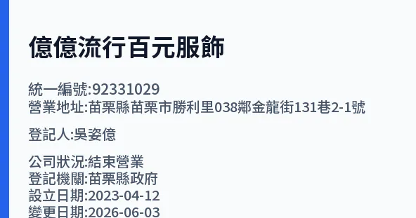億億流行百元服飾的照片-統編 92331029(苗栗縣) 公司登記資料與營業項目詳細圖表