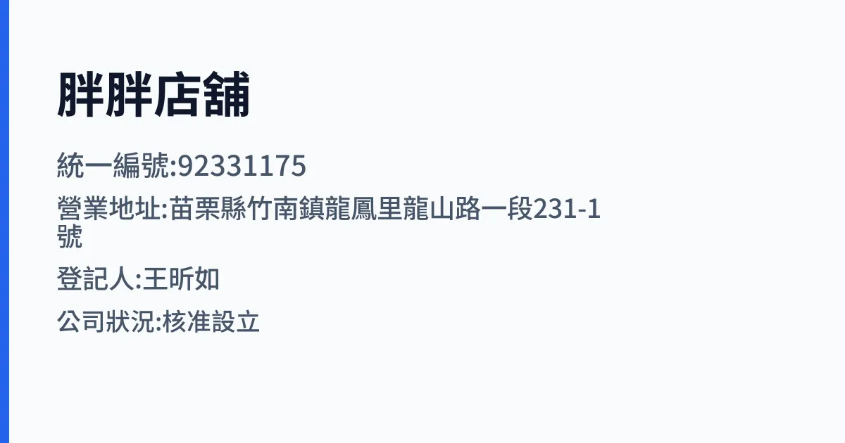 胖胖店舖 - 統編 92331175(苗栗縣) 公司登記資料與營業項目詳細圖表