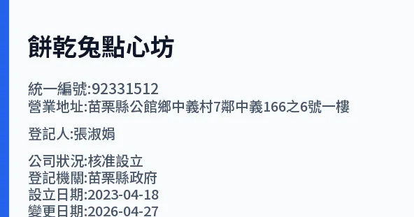 餅乾兔點心坊的照片-統編 92331512(苗栗縣) 公司登記資料與營業項目詳細圖表