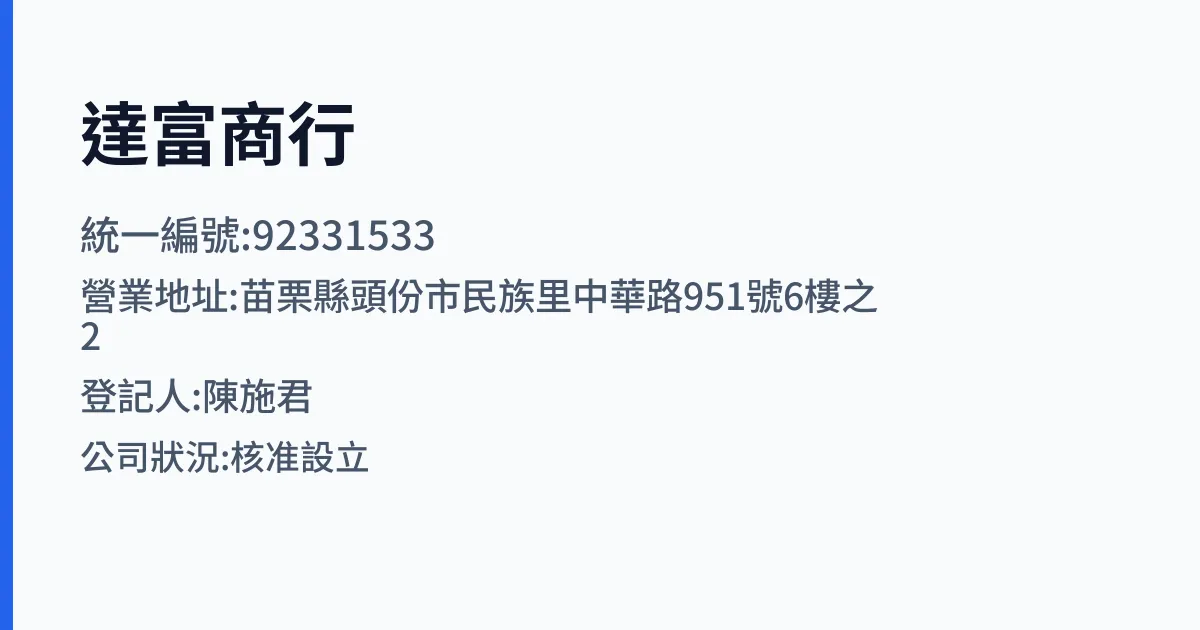 達富商行 - 統編 92331533(苗栗縣) 公司登記資料與營業項目詳細圖表