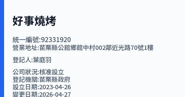 好事燒烤的照片-統編 92331920(苗栗縣) 公司登記資料與營業項目詳細圖表