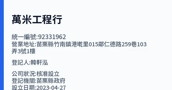 萬米工程行的照片-統編 92331962(苗栗縣) 公司登記資料與營業項目詳細圖表