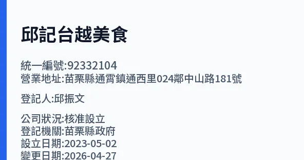 邱記台越美食的照片-統編 92332104(苗栗縣) 公司登記資料與營業項目詳細圖表