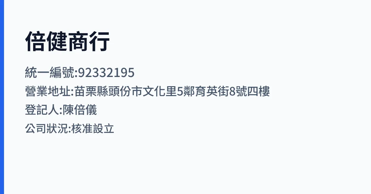 倍健商行 - 統編 92332195(苗栗縣) 公司登記資料與營業項目詳細圖表