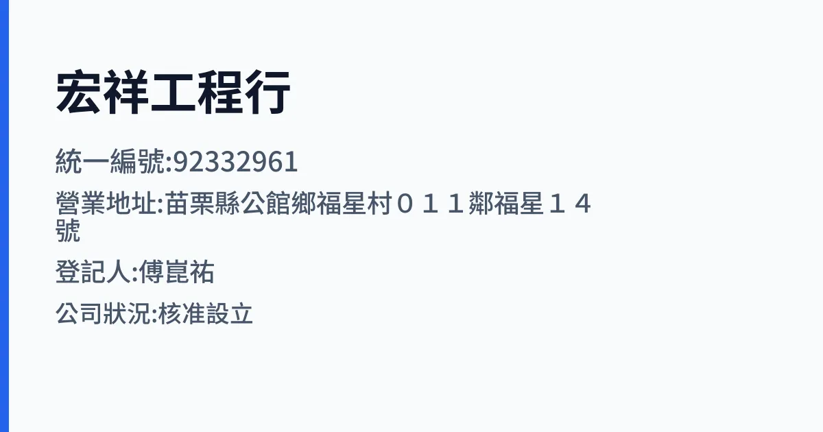 宏祥工程行 - 統編 92332961(苗栗縣) 公司登記資料與營業項目詳細圖表