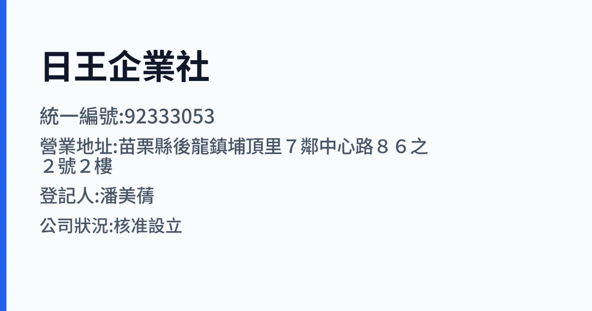 日王企業社 - 統編 92333053(苗栗縣) 公司登記資料與營業項目詳細圖表