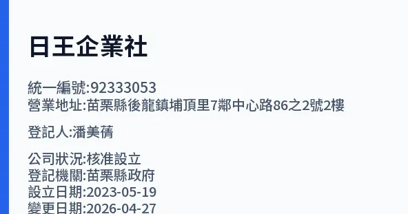 日王企業社的照片-統編 92333053(苗栗縣) 公司登記資料與營業項目詳細圖表