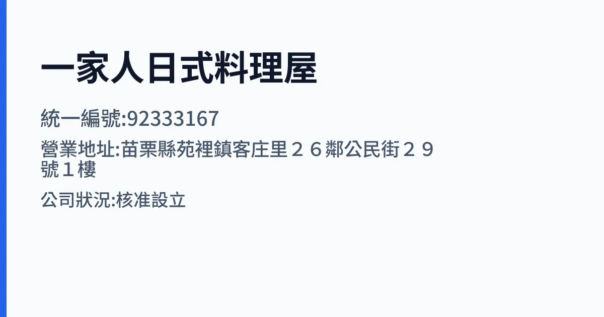 一家人日式料理屋 - 統編 92333167(苗栗縣) 公司登記資料與營業項目詳細圖表
