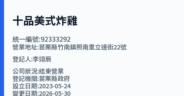 十品美式炸雞的照片-統編 92333292(苗栗縣) 公司登記資料與營業項目詳細圖表