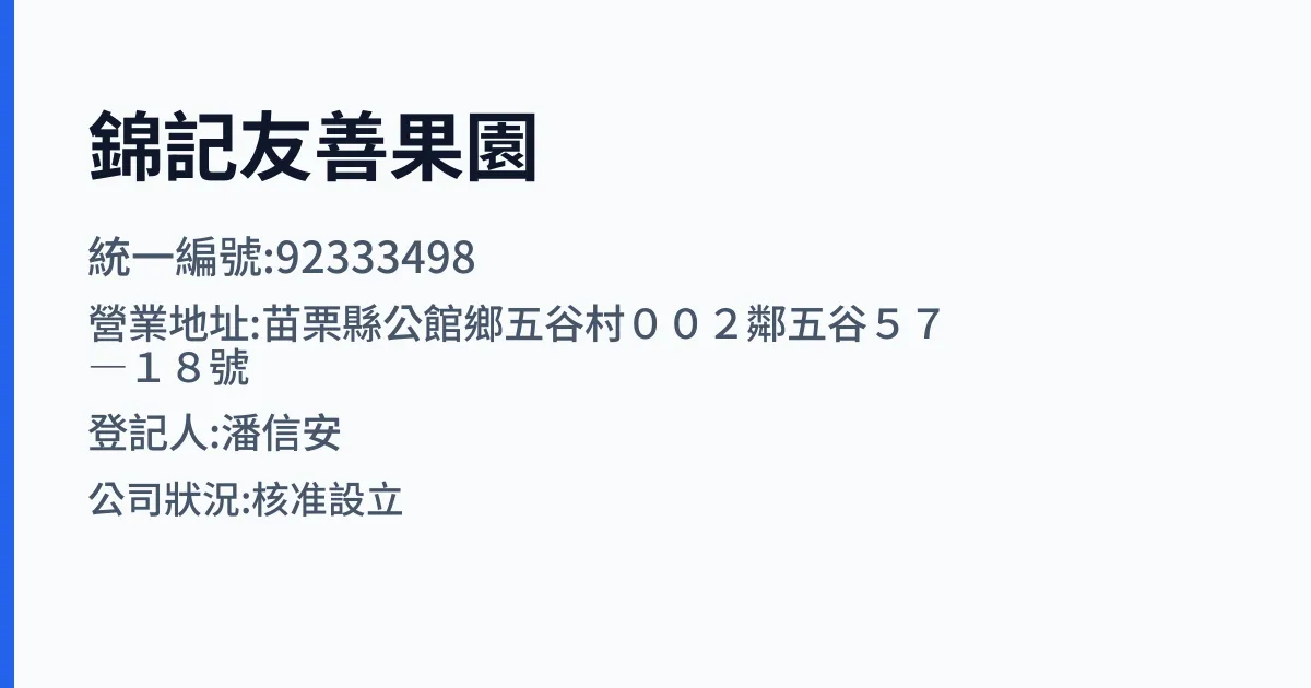 錦記友善果園 - 統編 92333498(苗栗縣) 公司登記資料與營業項目詳細圖表