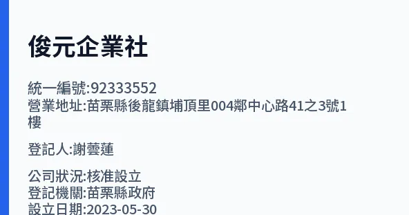 俊元企業社的照片-統編 92333552(苗栗縣) 公司登記資料與營業項目詳細圖表