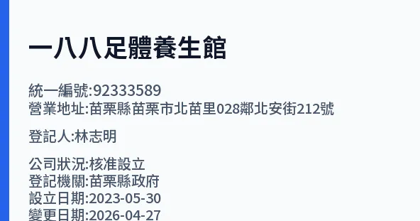 一八八足體養生館的照片-統編 92333589(苗栗縣) 公司登記資料與營業項目詳細圖表