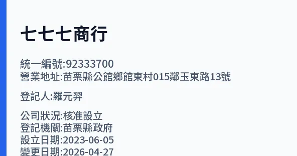 七七七商行的照片-統編 92333700(苗栗縣) 公司登記資料與營業項目詳細圖表