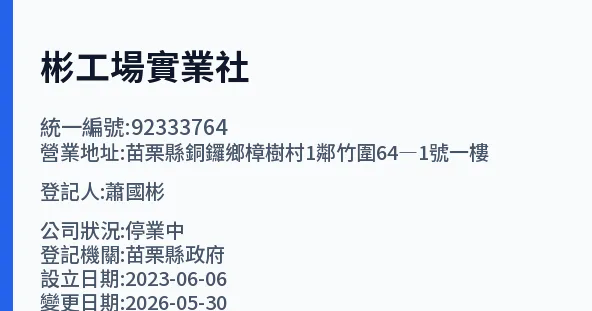 彬工場實業社的照片-統編 92333764(苗栗縣) 公司登記資料與營業項目詳細圖表