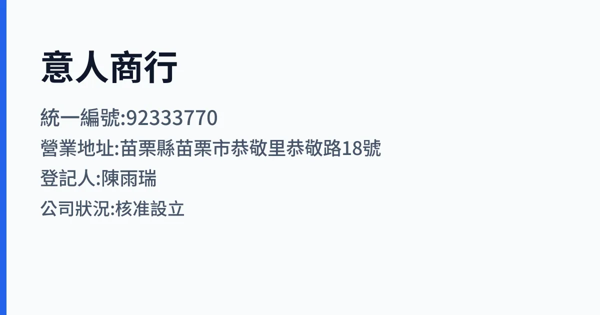 意人商行 - 統編 92333770(苗栗縣) 公司登記資料與營業項目詳細圖表